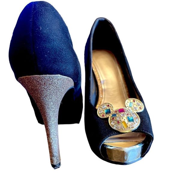 Disney | Shoes | Disney Mickey Mousegemstone Heels Black Suede Gold ...
